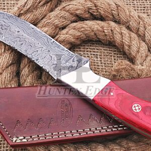 HUNTEX Handmade Hand-Forged Ladder Pattern Damascus Steel 10 Inch Long Full Tang Pakka Wood Handle Razor Sharp Hunting Camping Big Game Hunter Knife w/Genuine Leather Pouch