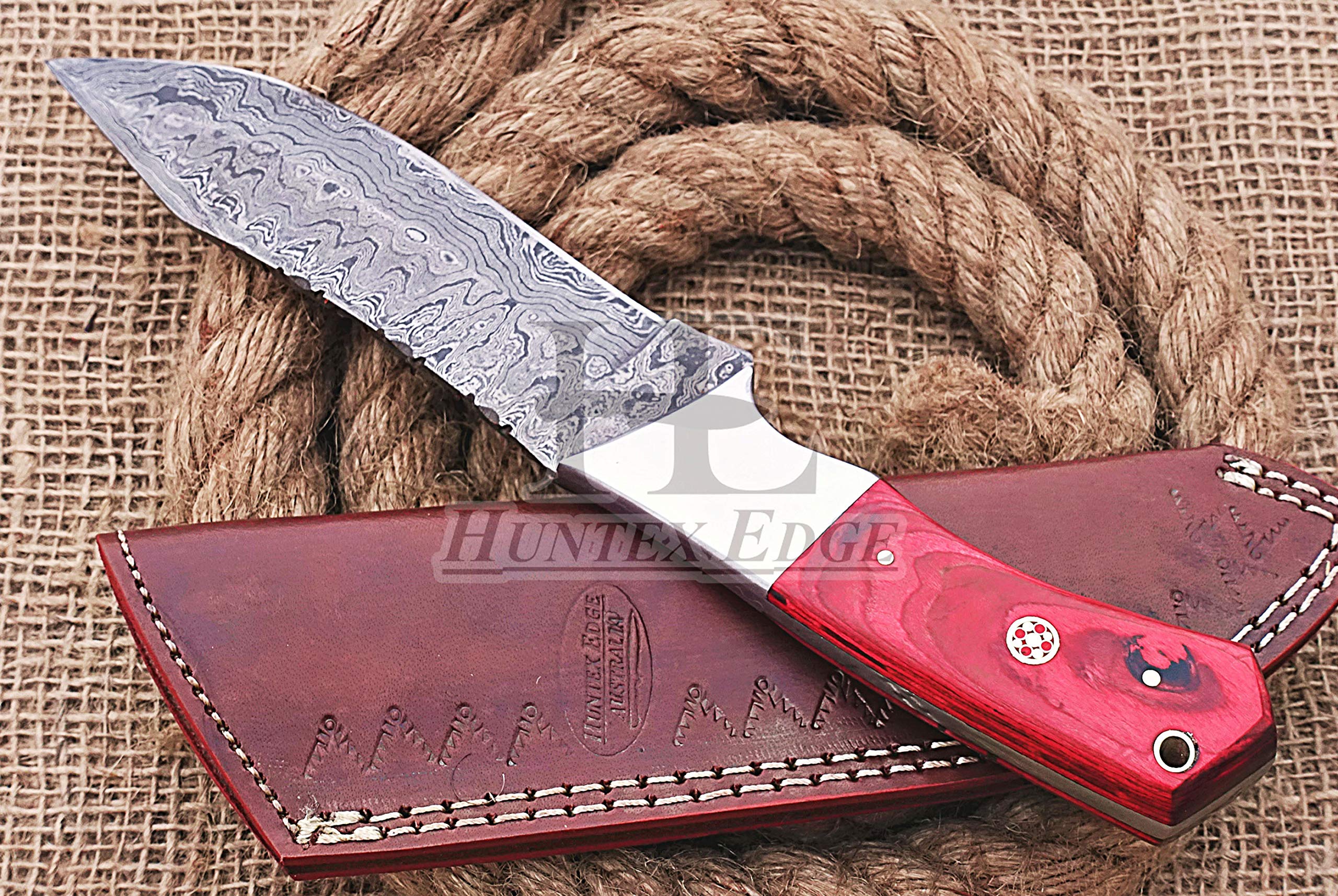 HUNTEX Handmade Hand-Forged Ladder Pattern Damascus Steel 10 Inch Long Full Tang Pakka Wood Handle Razor Sharp Hunting Camping Big Game Hunter Knife w/Genuine Leather Pouch