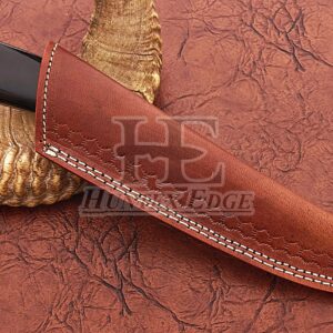 HUNTEX Handmade Hand-Forged Ladder Pattern Damascus Steel 10 Inch Long Full Tang Natural Buffalo Horn Handle Razor Sharp Hunting Camping Skinning Knife w/Genuine Leather Pouch