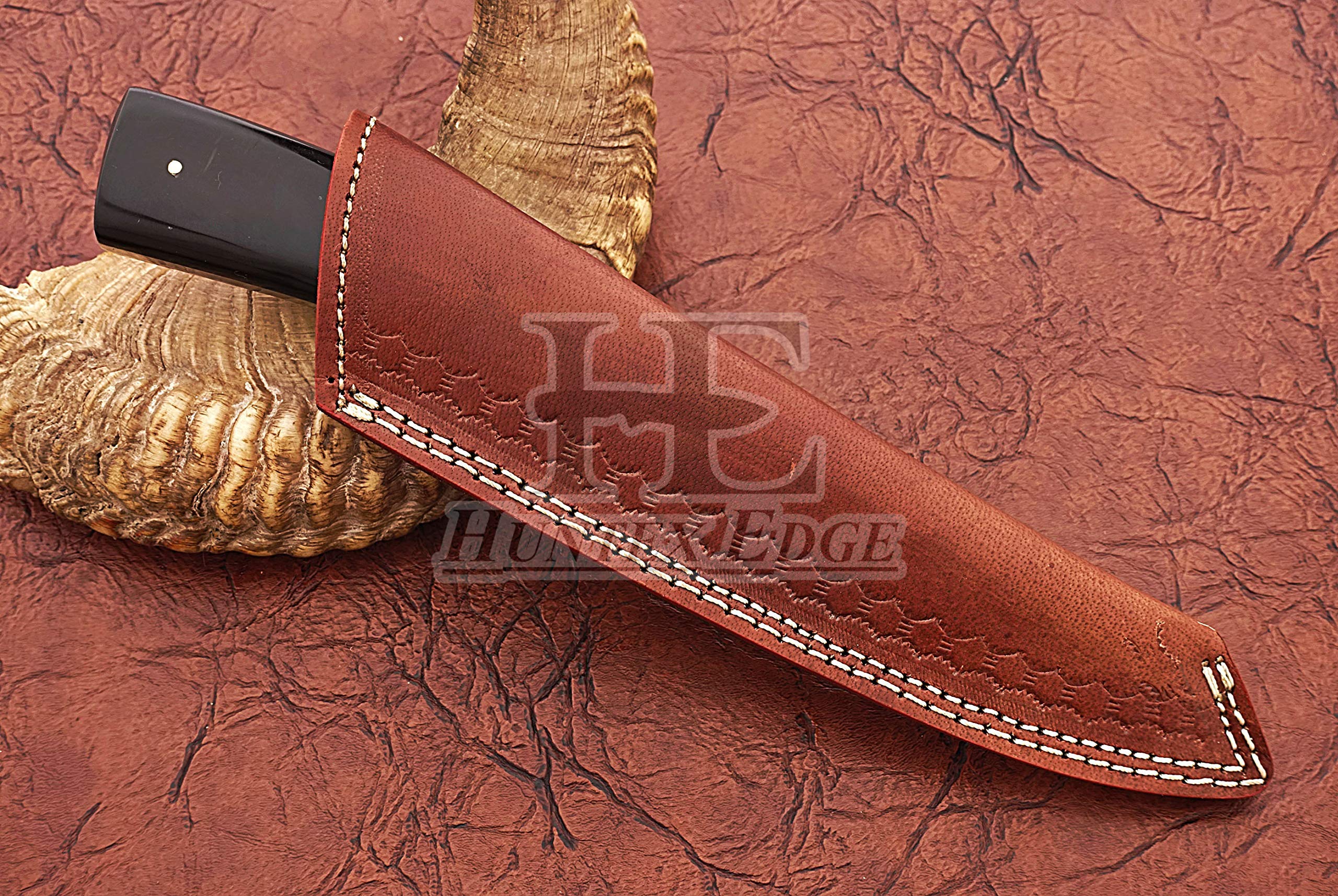 HUNTEX Handmade Hand-Forged Ladder Pattern Damascus Steel 10 Inch Long Full Tang Natural Buffalo Horn Handle Razor Sharp Hunting Camping Skinning Knife w/Genuine Leather Pouch