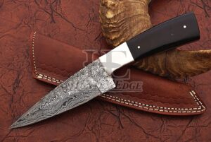 huntex handmade hand-forged ladder pattern damascus steel 10 inch long full tang natural buffalo horn handle razor sharp hunting camping skinning knife w/genuine leather pouch