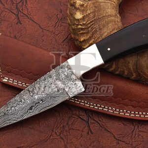 HUNTEX Handmade Hand-Forged Ladder Pattern Damascus Steel 10 Inch Long Full Tang Natural Buffalo Horn Handle Razor Sharp Hunting Camping Skinning Knife w/Genuine Leather Pouch