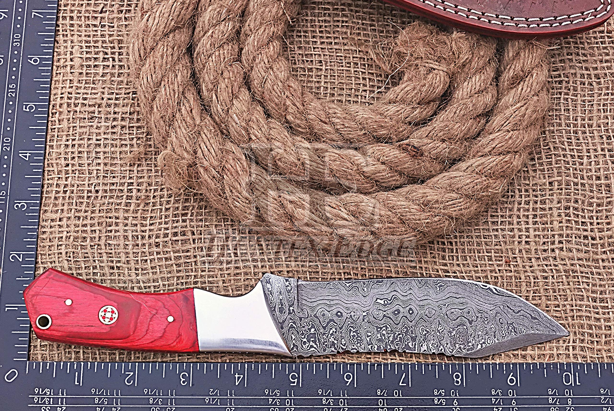 HUNTEX Handmade Hand-Forged Ladder Pattern Damascus Steel 10 Inch Long Full Tang Pakka Wood Handle Razor Sharp Hunting Camping Big Game Hunter Knife w/Genuine Leather Pouch