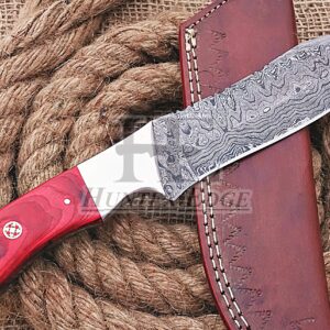 HUNTEX Handmade Hand-Forged Ladder Pattern Damascus Steel 10 Inch Long Full Tang Pakka Wood Handle Razor Sharp Hunting Camping Big Game Hunter Knife w/Genuine Leather Pouch