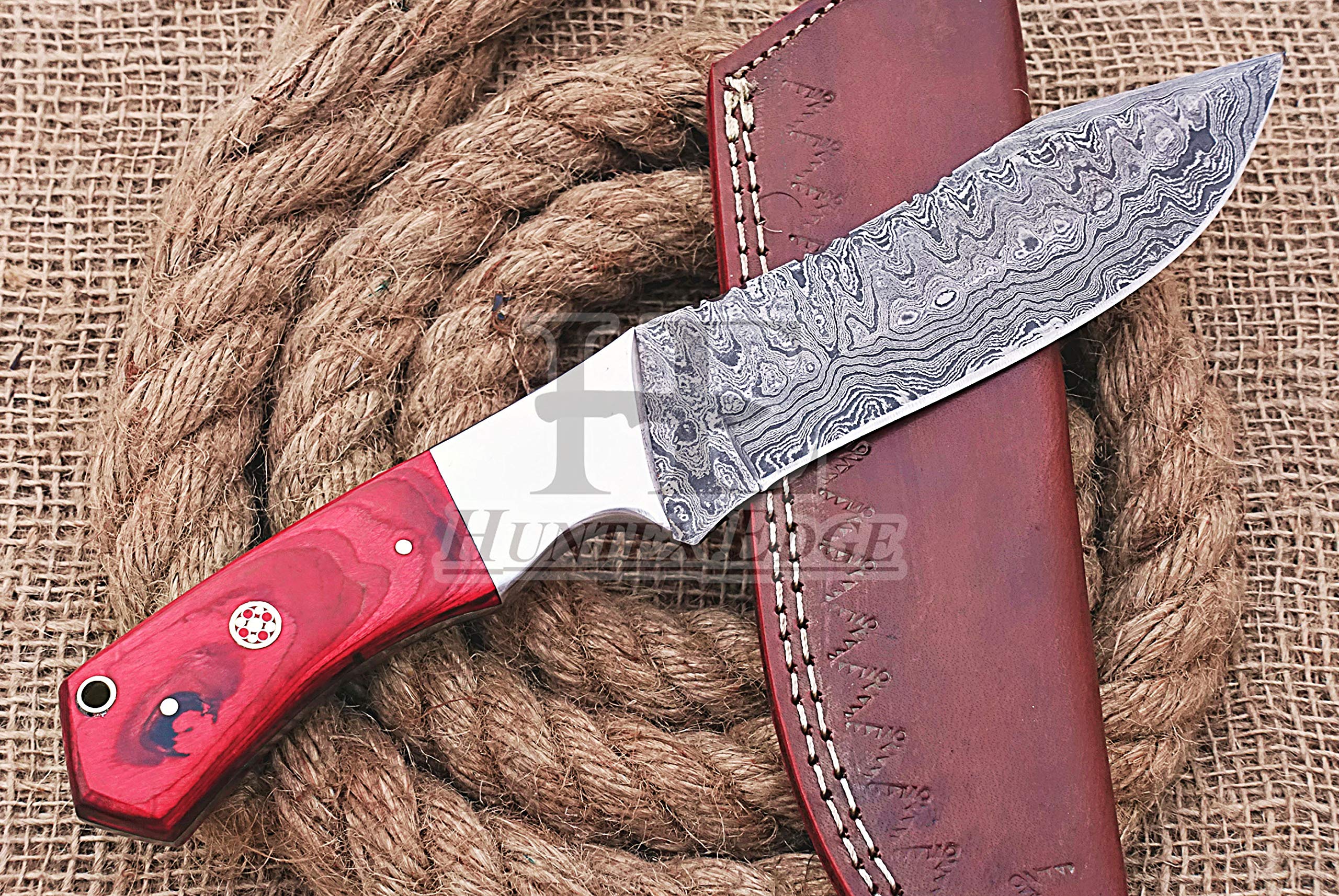 HUNTEX Handmade Hand-Forged Ladder Pattern Damascus Steel 10 Inch Long Full Tang Pakka Wood Handle Razor Sharp Hunting Camping Big Game Hunter Knife w/Genuine Leather Pouch