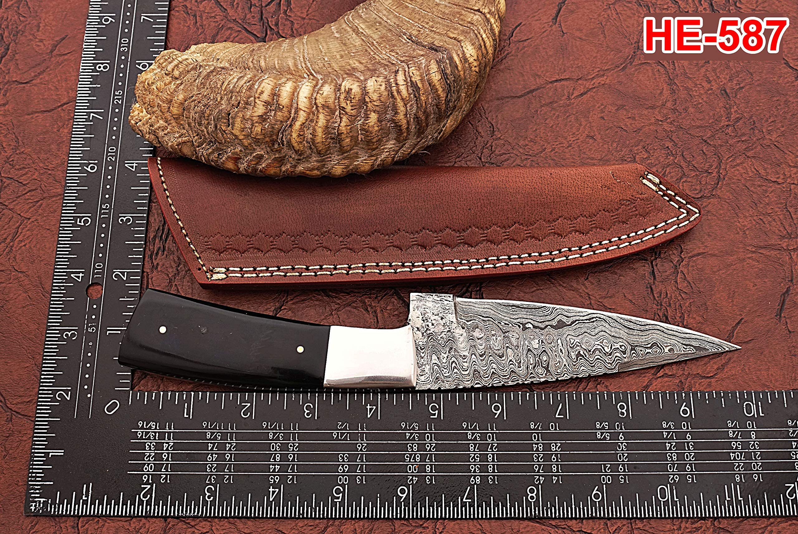 HUNTEX Handmade Hand-Forged Ladder Pattern Damascus Steel 10 Inch Long Full Tang Natural Buffalo Horn Handle Razor Sharp Hunting Camping Skinning Knife w/Genuine Leather Pouch