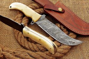 huntex handmade hand-forged twist pattern damascus steel 11 inch long full tang camel bone handle razor sharp hunting camping trail knife w/genuine leather sheath