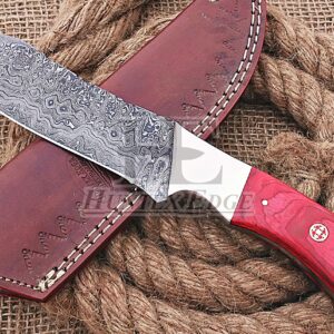 HUNTEX Handmade Hand-Forged Ladder Pattern Damascus Steel 10 Inch Long Full Tang Pakka Wood Handle Razor Sharp Hunting Camping Big Game Hunter Knife w/Genuine Leather Pouch