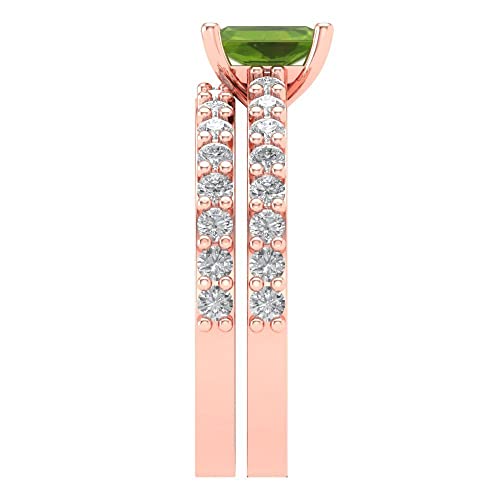 Clara Pucci 1.38ct Emerald Round Cut Pave Solitaire W/Accent Genuine Green Peridot Statement Bridal Ring Band Set 14k Rose Gold 10