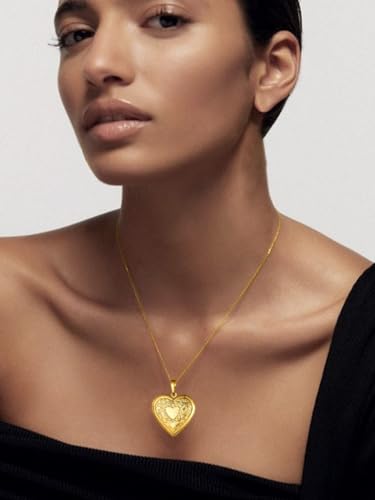 Gold Heart Lockets for Women, 18K Gold Plated Love Locket Necklace That Holds Pictures with 22 Inch Chain for Her Loving Jewelry