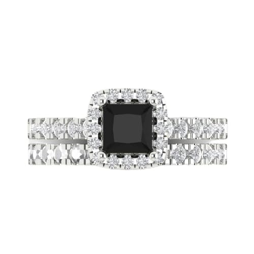 1.54 carat Princess Cut Halo Solitaire Natural Black Onyx Wedding Anniversary Bridal Ring band set 14k White Gold 6