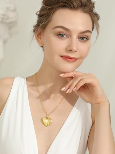 Gold Heart Lockets for Women, 18K Gold Plated Love Locket Necklace That Holds Pictures with 22 Inch Chain for Her Loving Jewelry