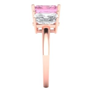 Clara Pucci 3.97ct Emerald Cut 3 Stone Solitaire with Accent Pink Diamond designer Modern Statement Ring Solid 14k Rose Gold