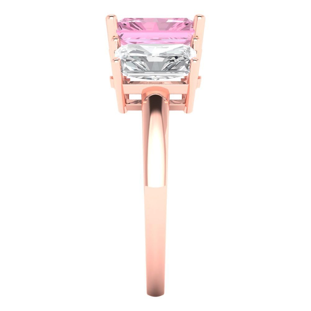 Clara Pucci 3.97ct Emerald Cut 3 Stone Solitaire with Accent Pink Diamond designer Modern Statement Ring Solid 14k Rose Gold