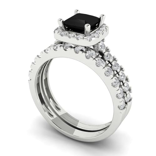 1.54 carat Princess Cut Halo Solitaire Natural Black Onyx Wedding Anniversary Bridal Ring band set 14k White Gold 6