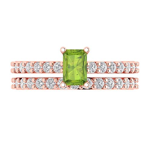 Clara Pucci 1.38ct Emerald Round Cut Pave Solitaire W/Accent Genuine Green Peridot Statement Bridal Ring Band Set 14k Rose Gold 10