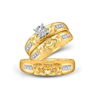 PB Collection His and Hers Wedding Ring Set Matching Trio Wedding Bands for Him Her 14K Yellow Gold Plated 925 Silver Women's Size 8 & Men's Size 10