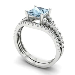 Clara Pucci 2.01ct Princess Cut Solitaire Natural Sky Blue Topaz Engagement Promise Anniversary Bridal Ring Band set 14k White Gold 3.5