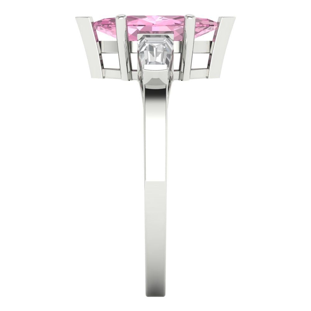 Clara Pucci 1.97ct Marquise Baguette cut 3 stone Solitaire Pink Simulated Diamond designer Modern Statement Ring Solid 14k White Gold