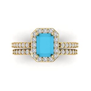 clara pucci 2.14 carat emerald cut halo solitaire simulated turquoise bridal wedding anniversary ring band set 14k yellow gold 7.75