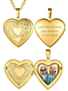 gold heart lockets for women, 18k gold plated love locket necklace that holds pictures with 22 inch chain for her loving jewelry