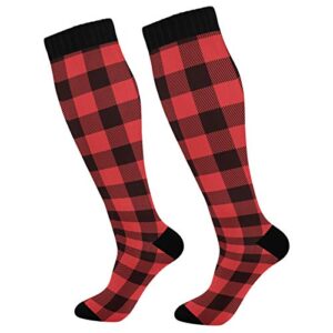 compression socks for men and women circulation wide calf knee high socks support for running medical travel, buffalo plaid red black, 1 pairs