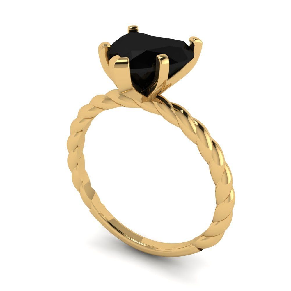 1.95ct Heart Cut Solitaire Rope Twisted Knot Genuine Natural Black Onyx 5-Prong Classic Statement Ring 14k yellow Gold 5.75