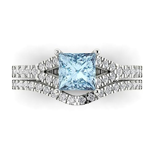 Clara Pucci 2.01ct Princess Cut Solitaire Natural Sky Blue Topaz Engagement Promise Anniversary Bridal Ring Band set 14k White Gold 3.5