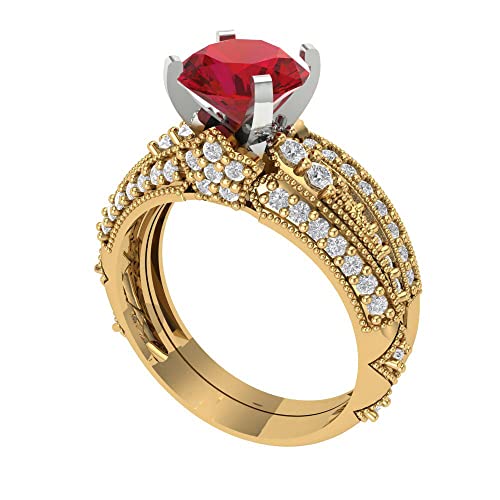 Clara Pucci 2.04 carat Round Cut Solitaire accent Simulated Red Ruby Wedding Anniversary Bridal ring band set 14k 2 Tone Gold 11