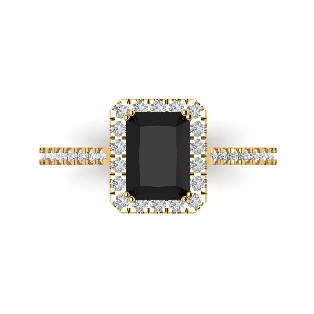 1.95ct Emerald Cut Solitaire with Accent Halo Natural Black Onyx designer Modern Statement Ring 14k Yellow Gold Size 7.25