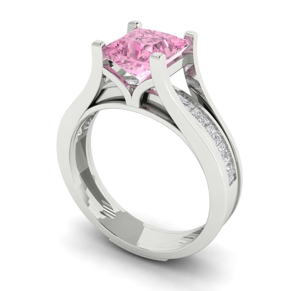 Clara Pucci 3.4ct Princess Cut Solitaire Pink Simulated Diamond Engagement Promise Anniversary Bridal Ring Band set 14k White Gold 7.5