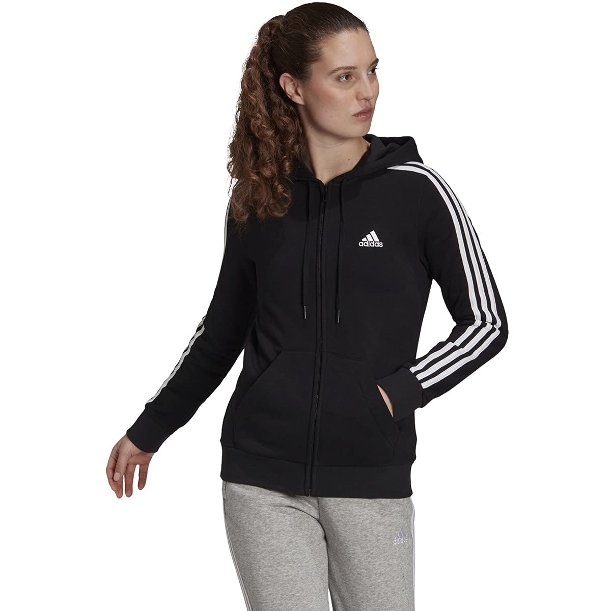 adidas Women's Essentials Full-Zip Hoodie, Black/White, Large