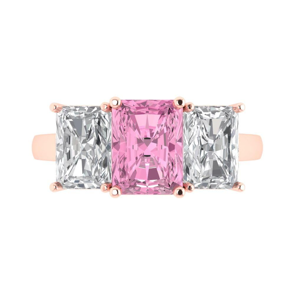 Clara Pucci 3.97ct Emerald Cut 3 Stone Solitaire with Accent Pink Diamond designer Modern Statement Ring Solid 14k Rose Gold