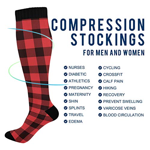 Compression Socks for Men and Women Circulation Wide Calf Knee High Socks Support for Running Medical Travel, Buffalo Plaid Red Black, 1 Pairs