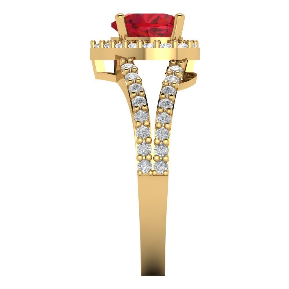 Clara Pucci 1.69ct Heart Cut Solitaire Halo split shank Red Ruby Designer Wedding Bridal art deco Anniversary Ring 14k Yellow Gold 10