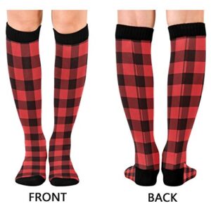 Compression Socks for Men and Women Circulation Wide Calf Knee High Socks Support for Running Medical Travel, Buffalo Plaid Red Black, 1 Pairs