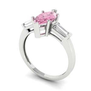 Clara Pucci 1.97ct Marquise Baguette cut 3 stone Solitaire Pink Simulated Diamond designer Modern Statement Ring Solid 14k White Gold