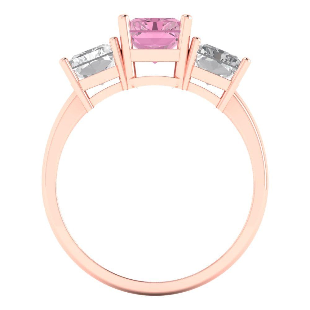 Clara Pucci 3.97ct Emerald Cut 3 Stone Solitaire with Accent Pink Diamond designer Modern Statement Ring Solid 14k Rose Gold