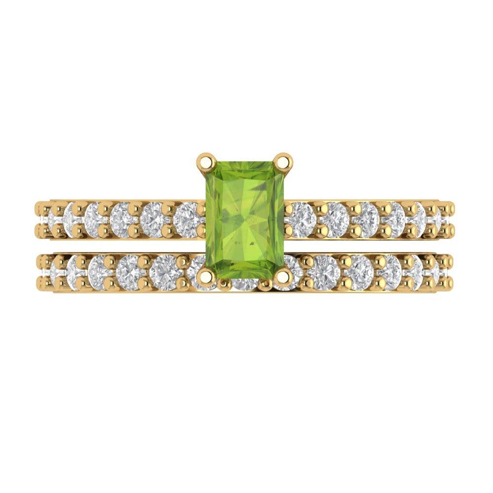 Clara Pucci 1.35 carat Emerald Cut Solitaire Natural Vivid Peridot Engagement Wedding Anniversary Bridal Ring band set 14k Yellow Gold 11