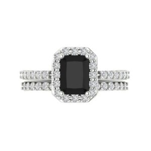 2.20ct emerald cut halo solitaire natural black onyx engagement promise anniversary bridal ring band set 14k white gold 9