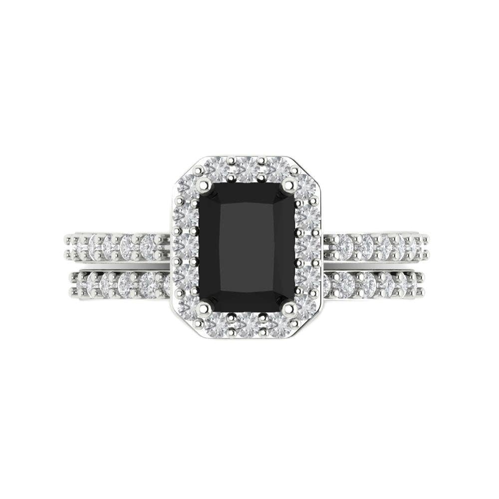 2.20ct Emerald Cut Halo Solitaire Natural Black Onyx Engagement Promise Anniversary Bridal Ring Band set 14k White Gold 9