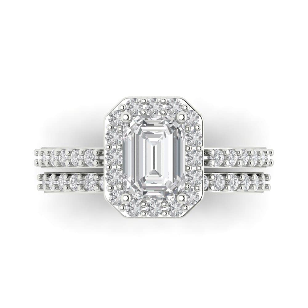 Clara Pucci 2.14 carat Emerald Cut Halo Solitaire White Sapphire Bridal Wedding Anniversary Ring band set 14k White Gold 10