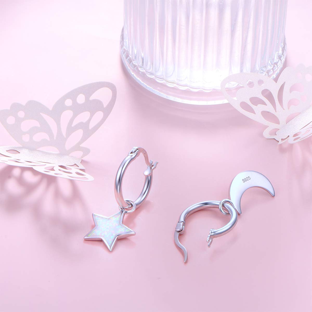 Star and Moon Friendship Earrings Created Opal Hoop Drop Dangle Earrings 925 Sterling Silver Star Moon Fans Best Valentines Day Birthday Gifts