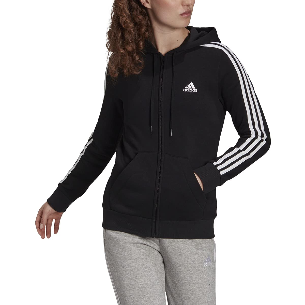 adidas Women's Essentials Full-Zip Hoodie, Black/White, Large