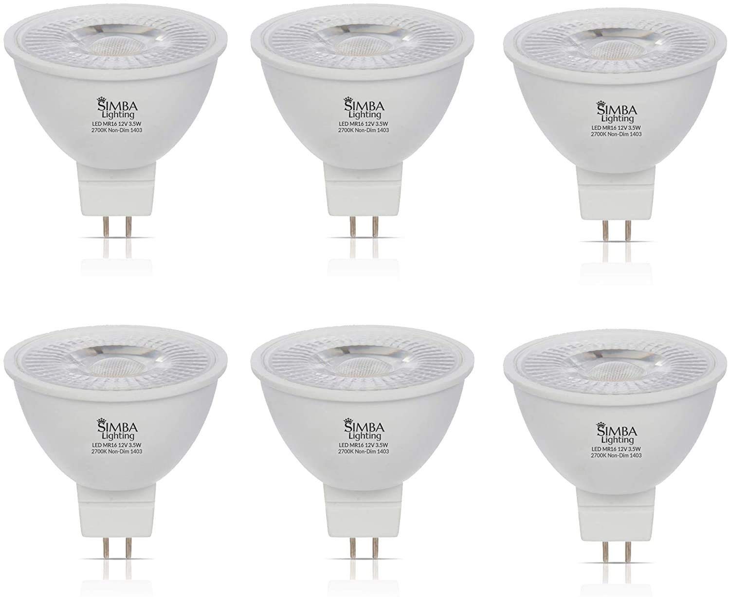 Simba Lighting LED MR16 3.5W 12V Light Bulb (6 Pack) 20W Halogen Spotlight Replacement for Landscape, Accent, Track Lights, Desk Lamps, BAB C, GU5.3 Bipin Base, 2700K Warm White, Not Dimmable