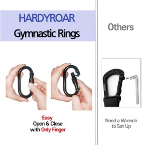 HARDYROAR Wood Gymnastic Rings - Gym Equipment for Crossfit, Body Training, Exercise and Workout - Easy Install Carabiners, Adjustable Number Straps, Non Slip Grip Tape Rings