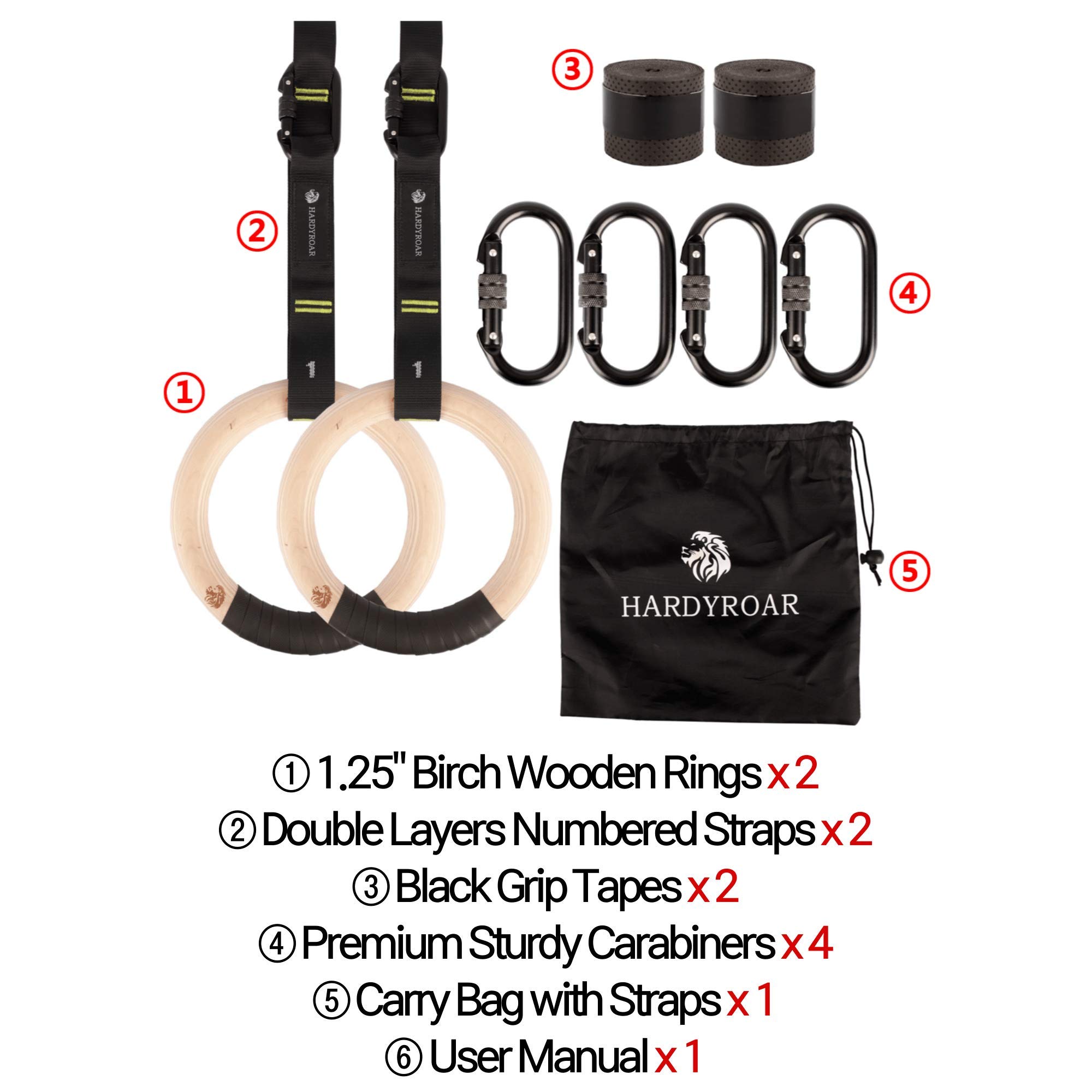 HARDYROAR Wood Gymnastic Rings - Gym Equipment for Crossfit, Body Training, Exercise and Workout - Easy Install Carabiners, Adjustable Number Straps, Non Slip Grip Tape Rings