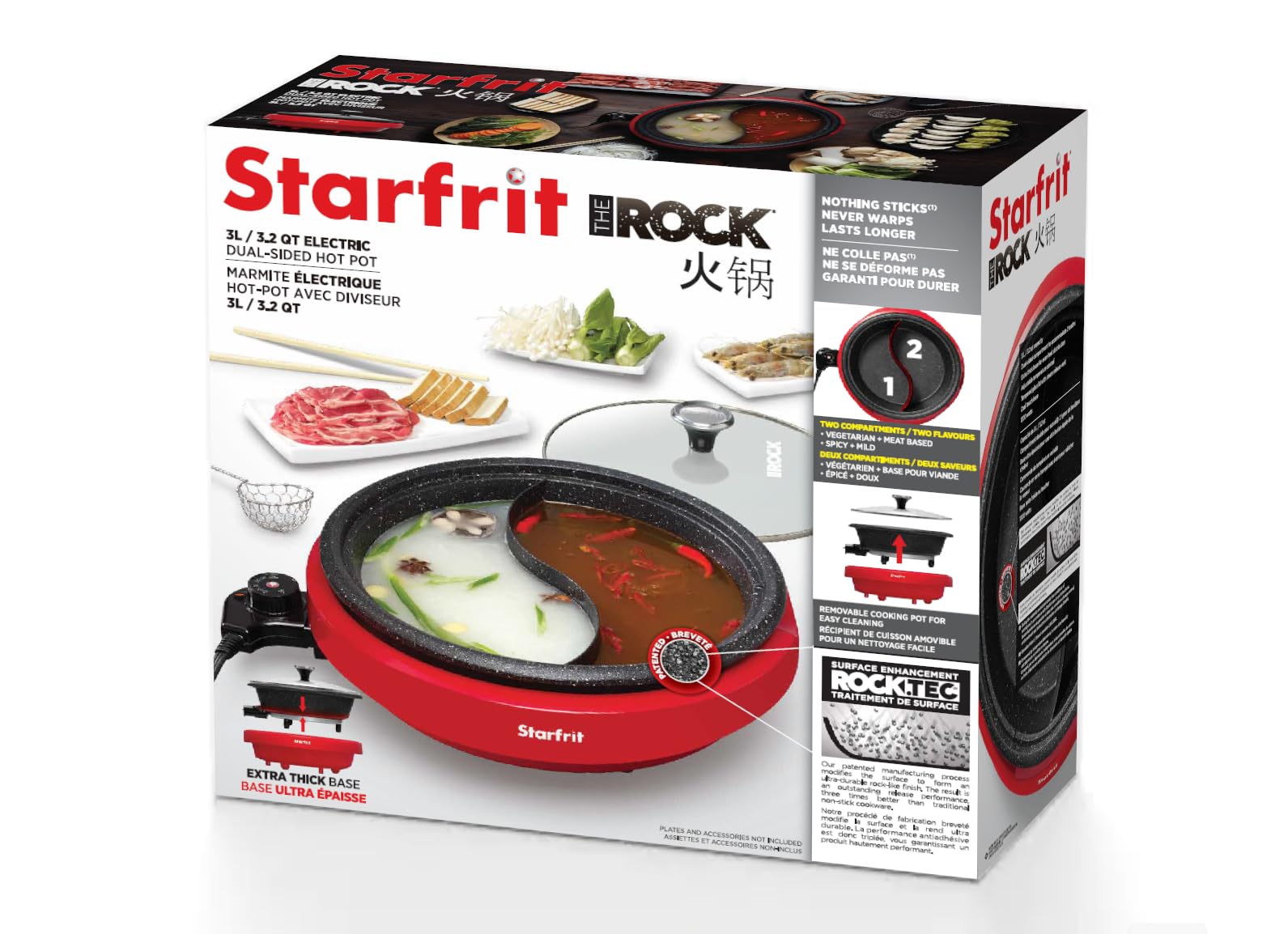 Starfrit The Rock Dual-Sided Electric Hot Pot - 3L - Rock.Tec Non-Stick - Variable Temperature Control - 1200W