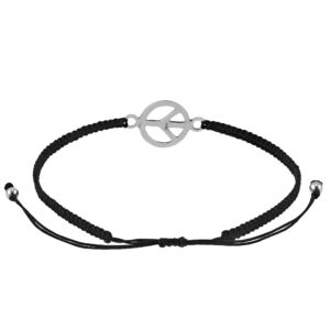 AeraVida Love Inspired Trendy Hippie Culture Peace Sign or Symbol .925 Sterling Silver Charm on Cotton Rope Adjustable Pull Slide Bracelet