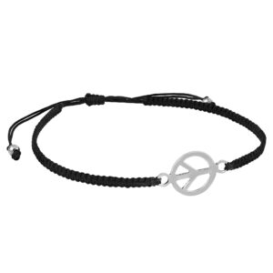 AeraVida Love Inspired Trendy Hippie Culture Peace Sign or Symbol .925 Sterling Silver Charm on Cotton Rope Adjustable Pull Slide Bracelet